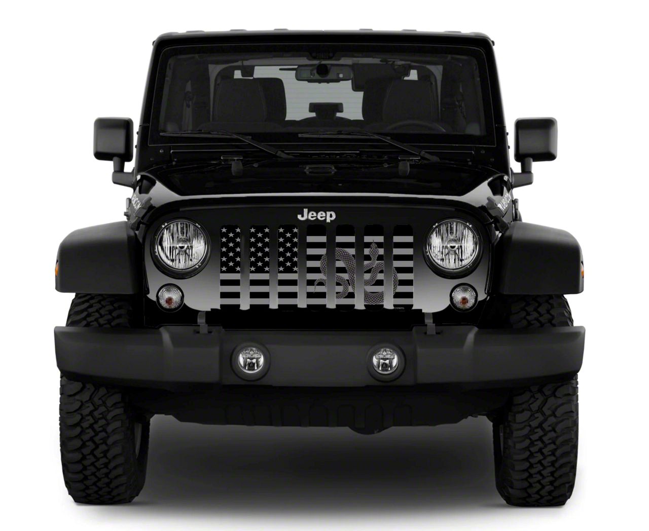 Jeep Wrangler Grille Insert; Black and Gray American Flag with Mamba ...