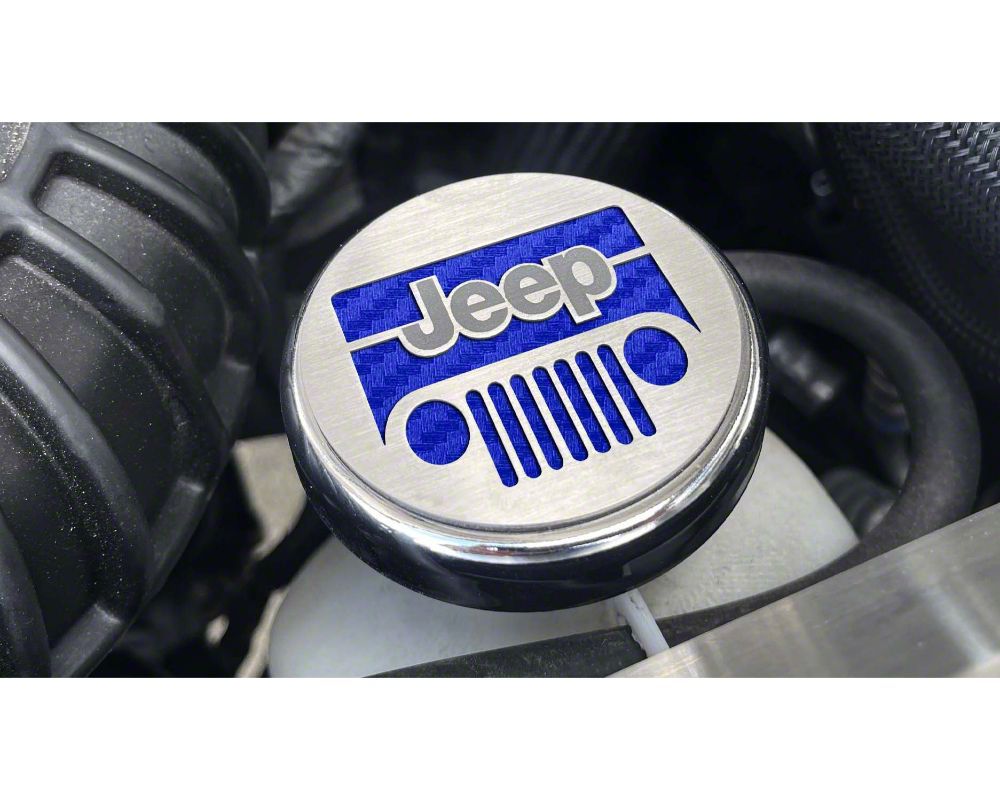 Jeep Wrangler Underhood Dress-up Caps with Jeep Logo; Blue Carbon Fiber ...