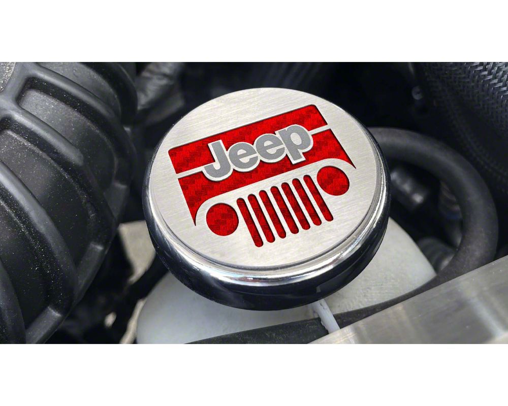 Jeep Wrangler Underhood Dress-up Caps with Jeep Logo; Red Carbon Fiber ...