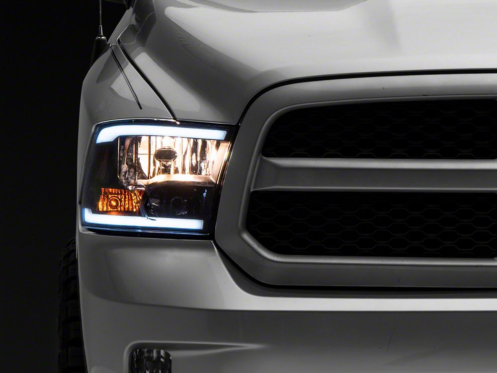 Raxiom Axial Series Headlights with LED Bar Black Housing Clear Lens 09 18 Ram 1500 w Factory Halogen Non Projector Headlights